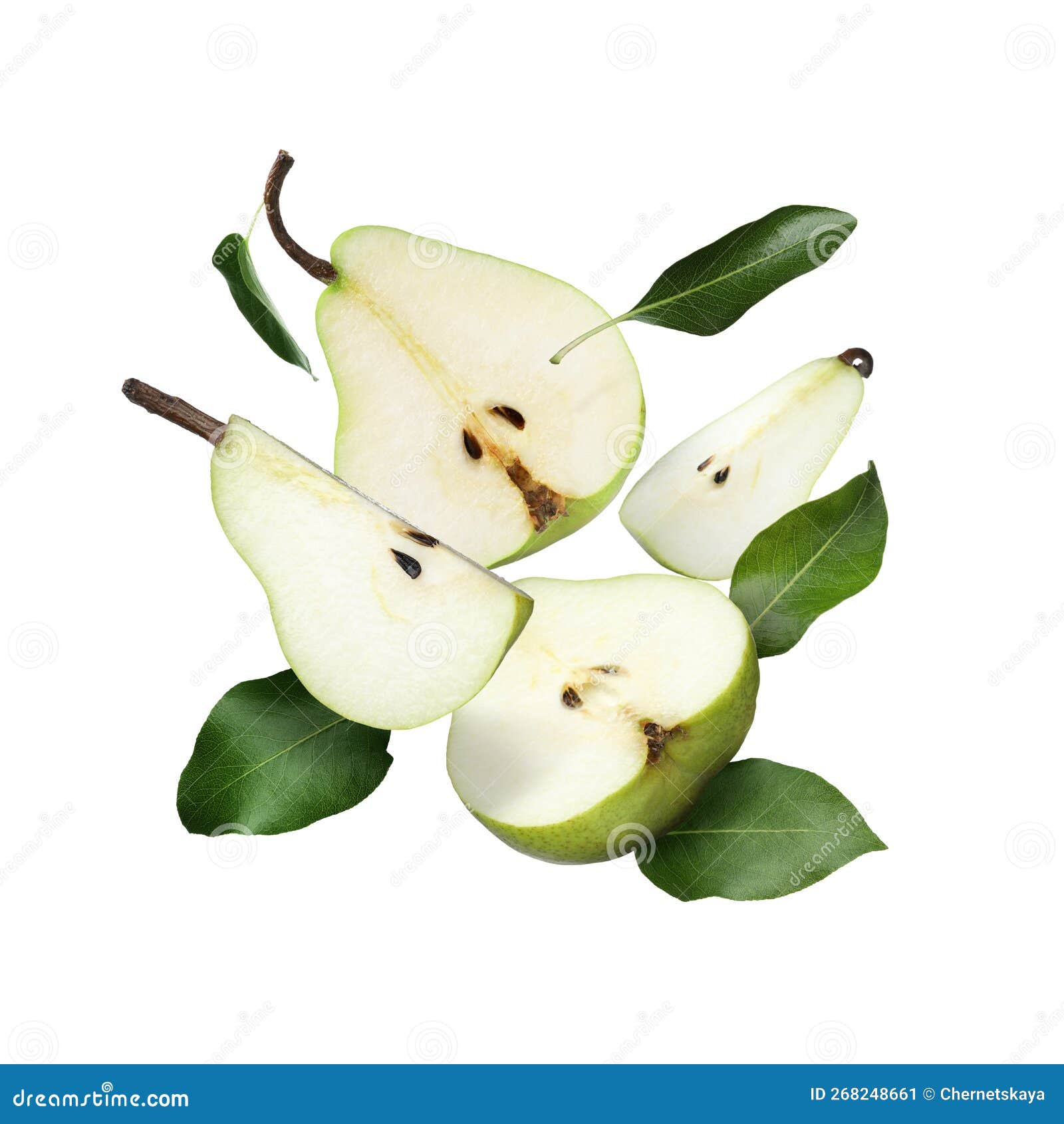 Fresh Ripe Cut Pears and Green Leaves Falling on White Background Stock ...