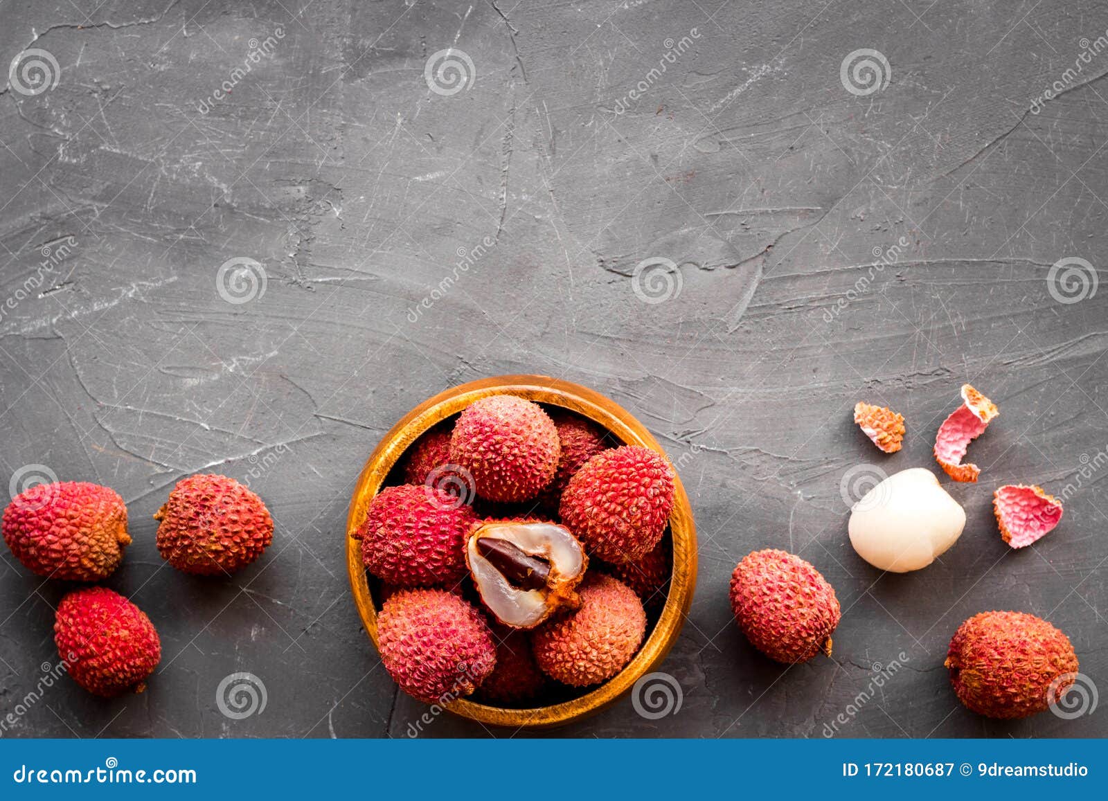 Fresh Ripe Lychee in Bowl on Grey Desk Top-down Frame Copy Space Stock ...