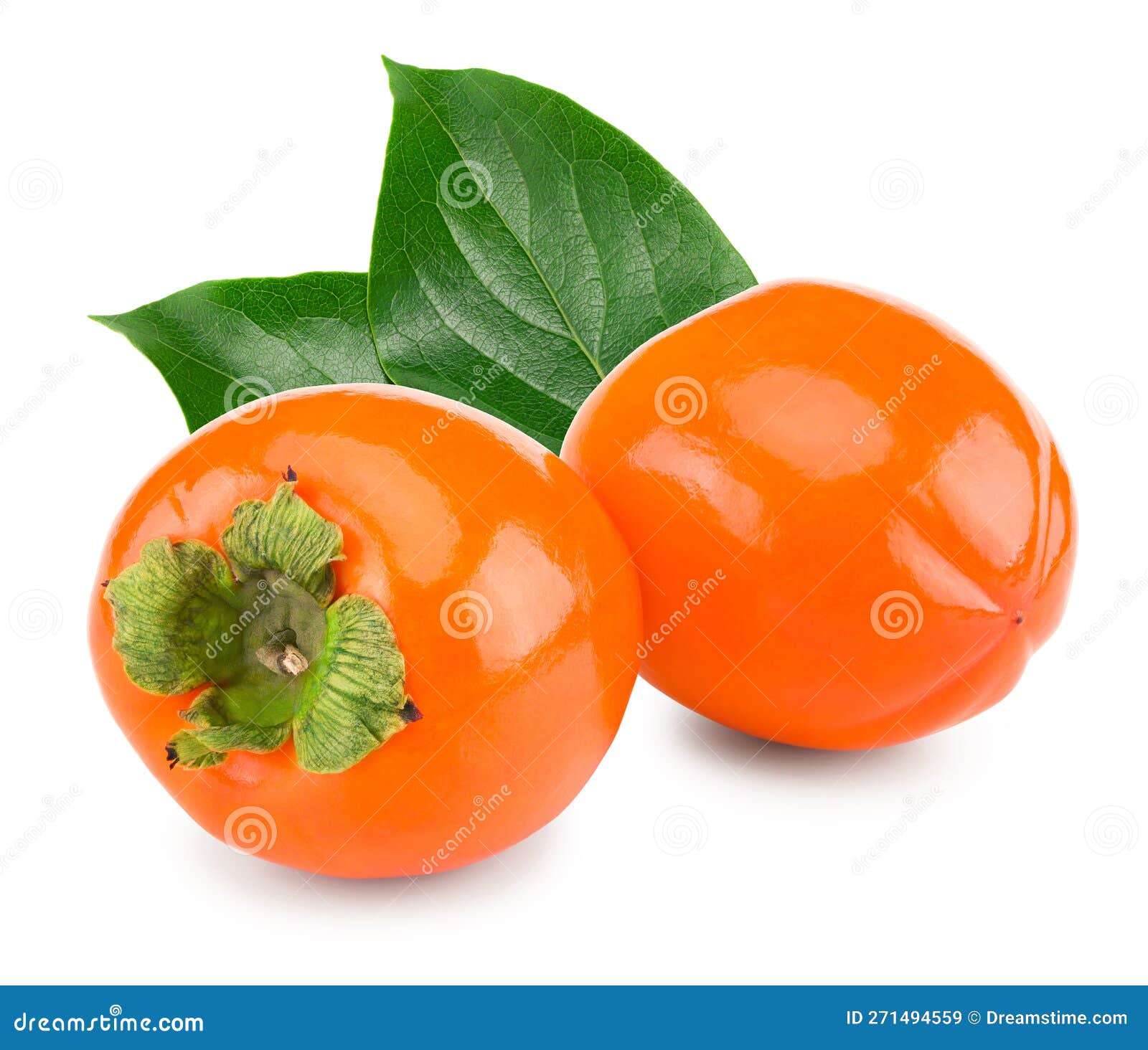 Fresh Ripe Persimmons with Green Leaves Isolated on White Background ...