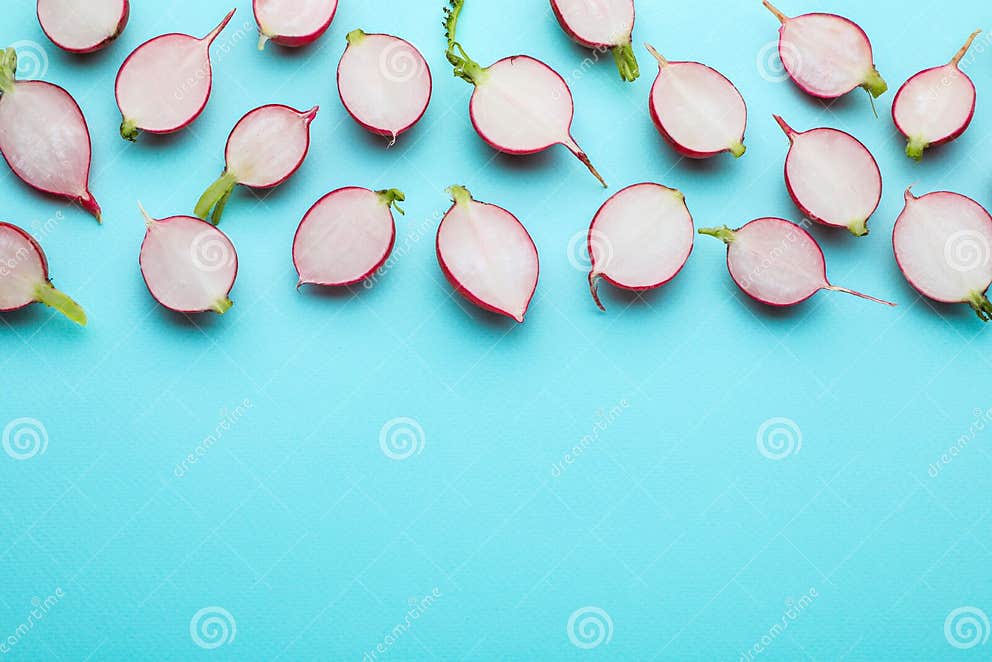 Fresh Ripe Radish on Light Blue Background, Flat Lay. Space for Text ...