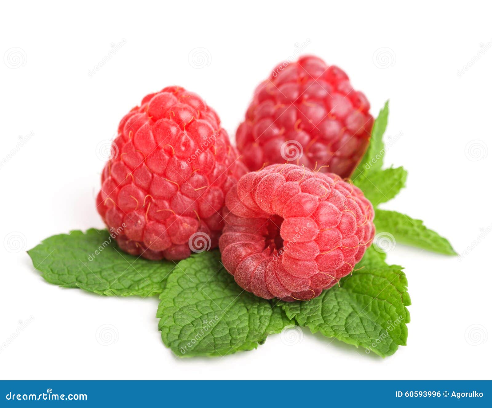 Fresh Ripe Raspberries with Mint Leaves Isolated Stock Photo - Image of ...
