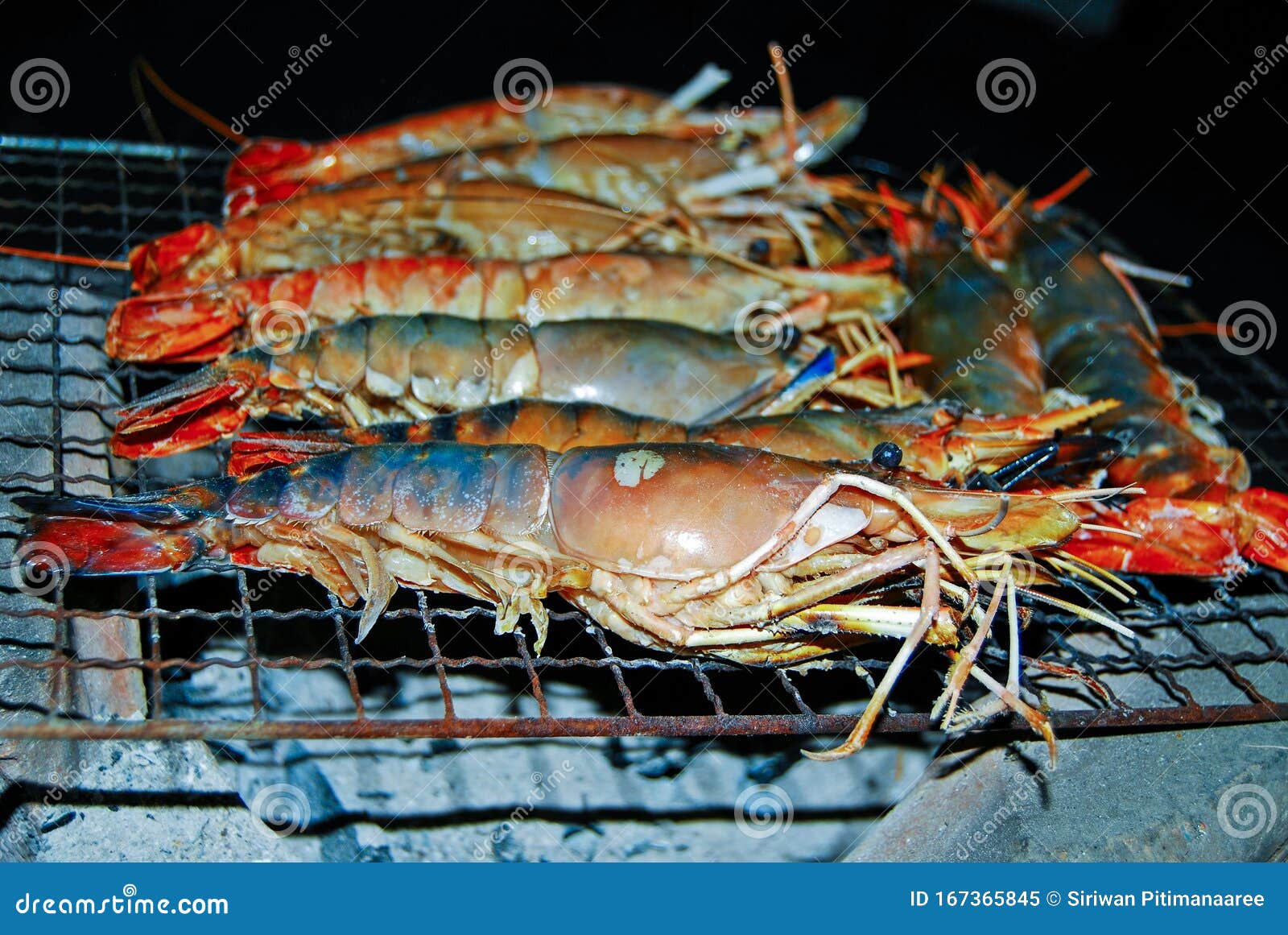 Fresh River Prawns Grilled Over Charcoal Fire Stock Image - Image of ...