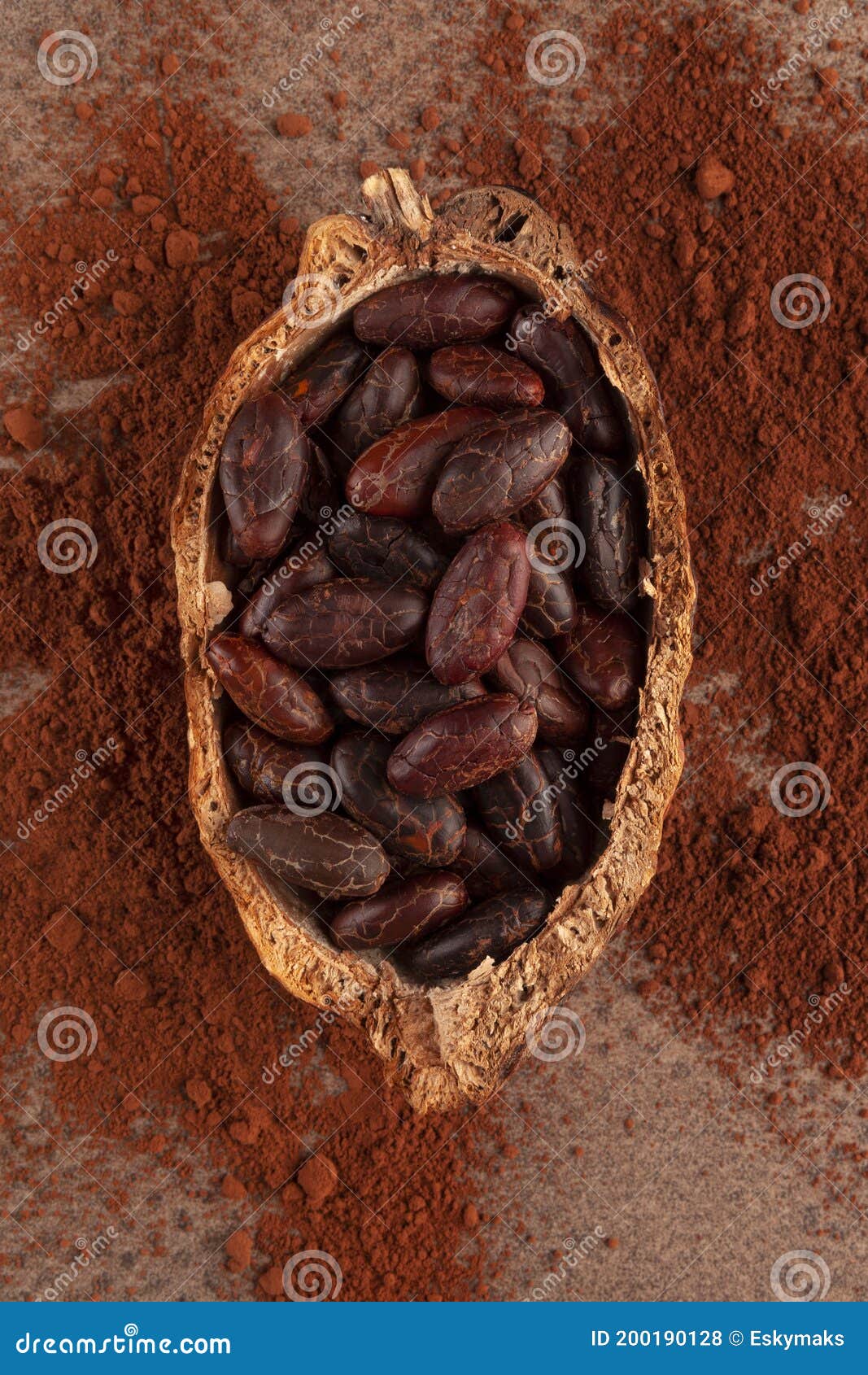 Fresh Roasted Cocoa Beans and Powder on Brown Background Stock Photo ...