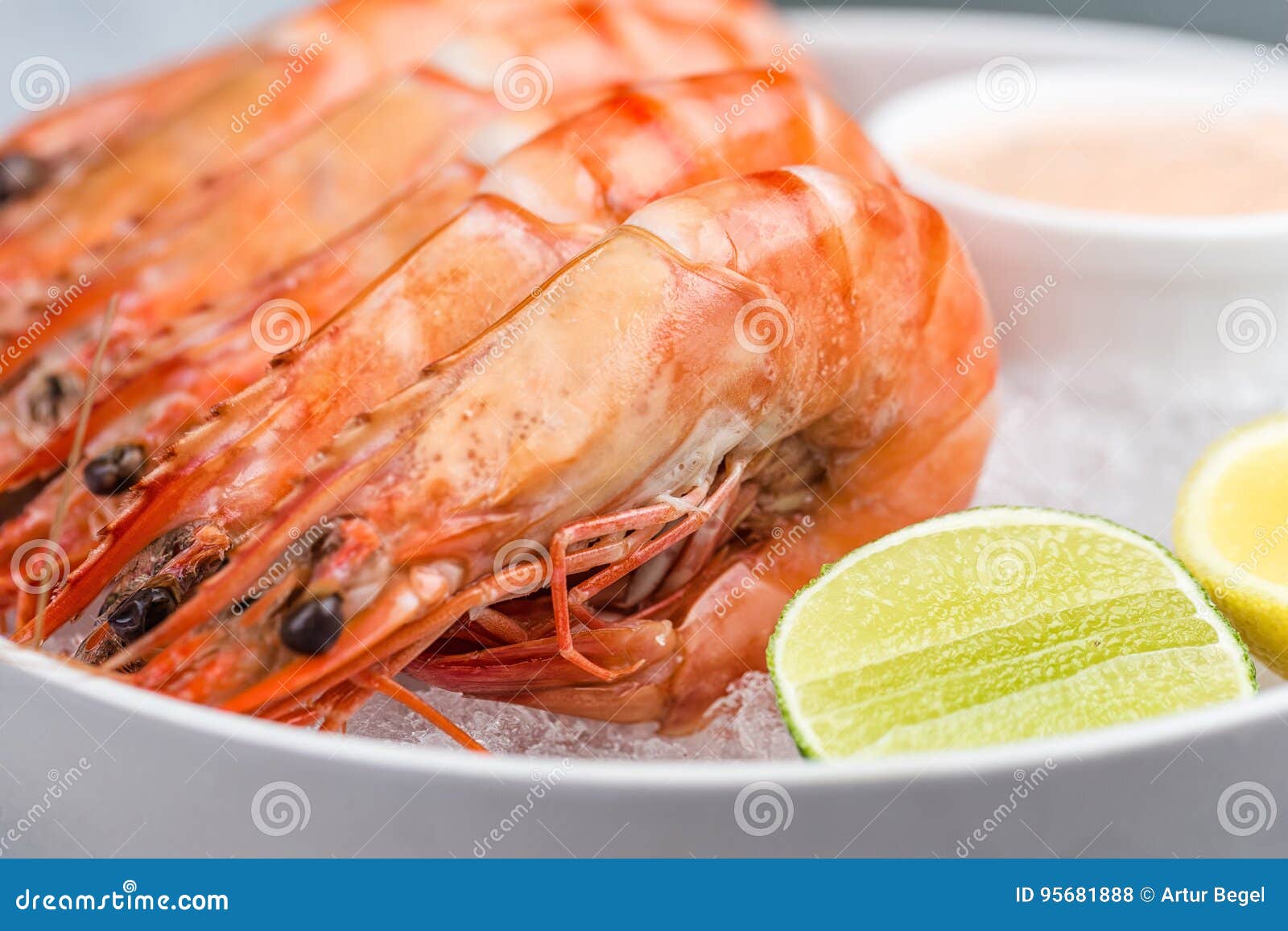 Fresh Royal Prawns with Lemon and Sauce Stock Photo - Image of buffet ...