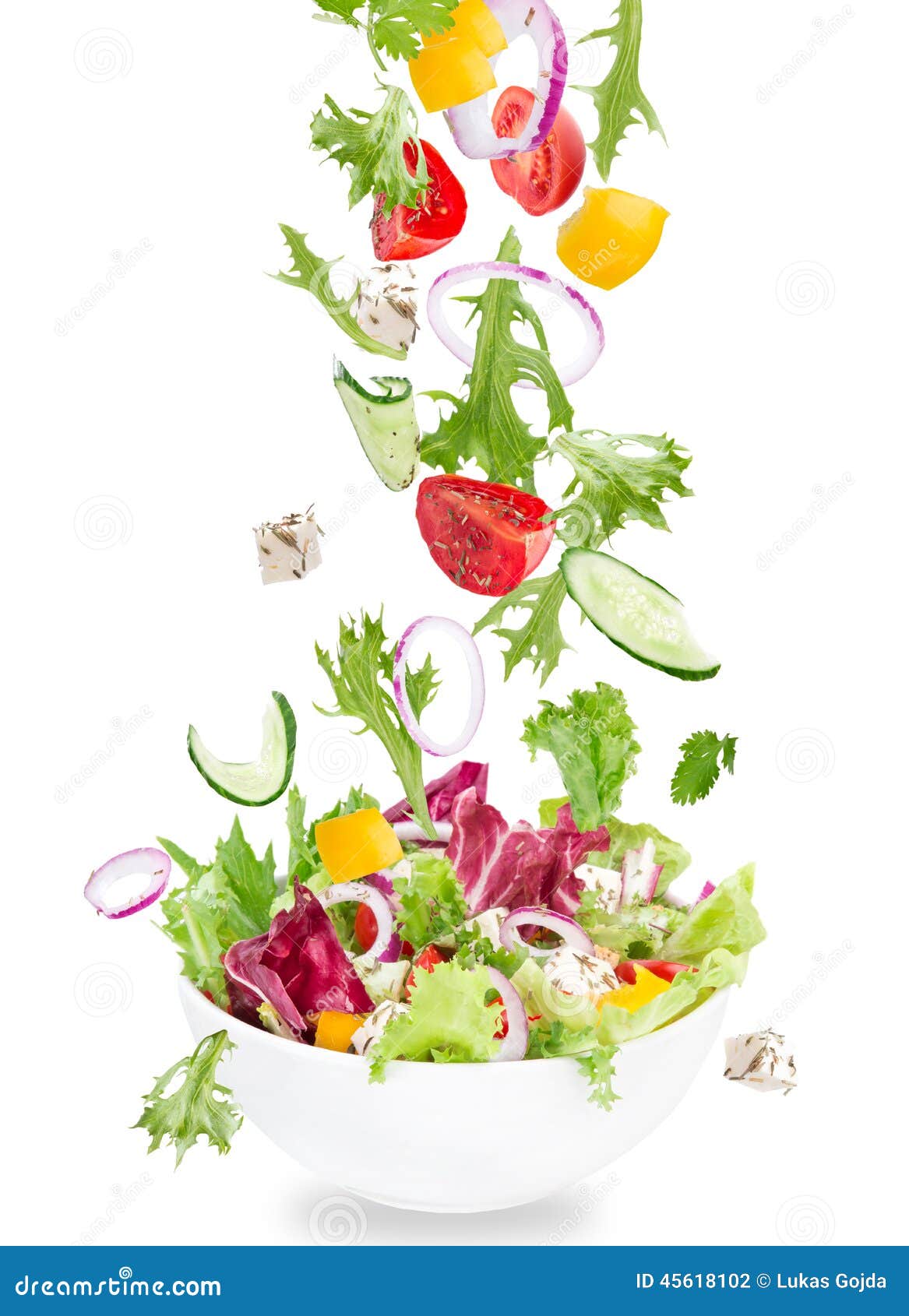 Fresh Salad With Flying Vegetables Ingredients Stock Photo - Image of ...