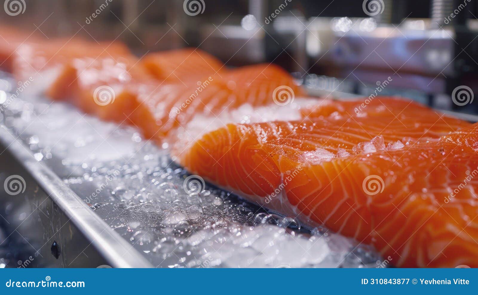 Fresh Salmon Fillets Chilling on Ice at Processing Facility. Generative ...