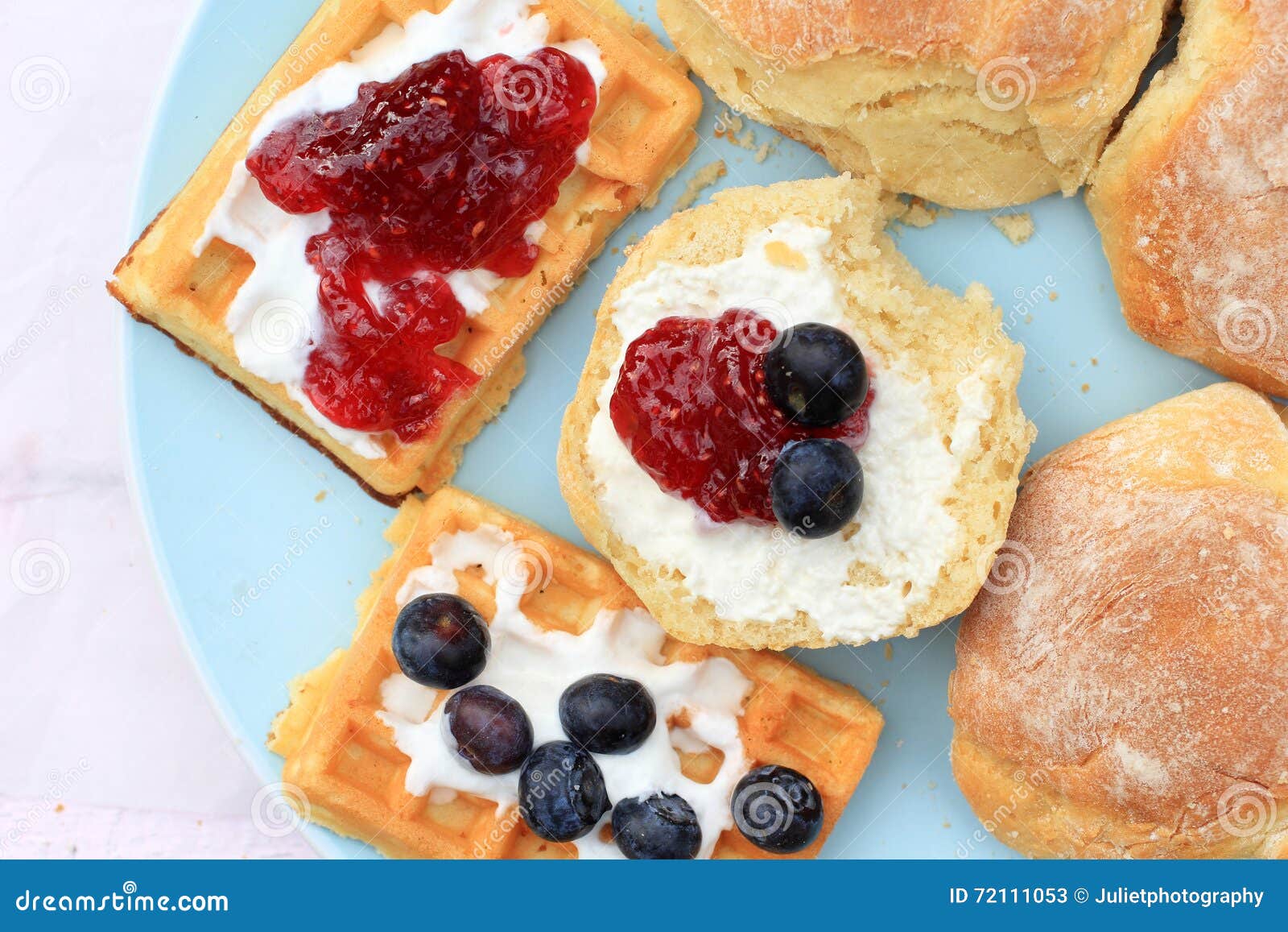 Fresh Scottish Scones and Belgian Waffles with Cream and Raspberry Jam ...