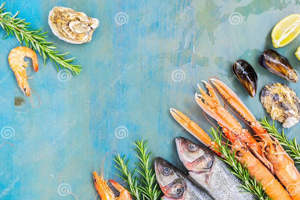 Fresh Seafood on Blue Background Stock Photo - Image of nutrition ...