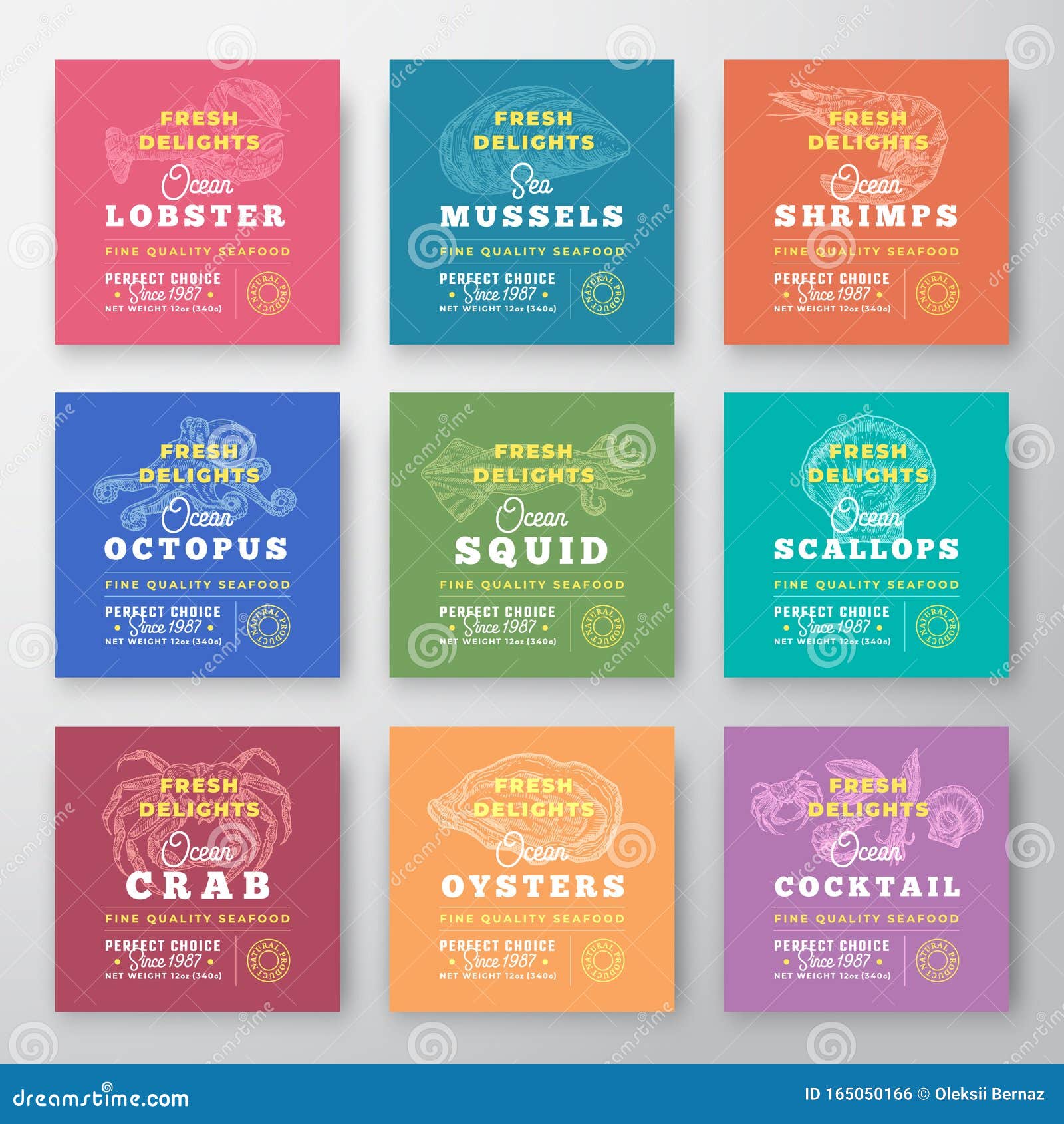 Fresh Seafood Delights Premium Quality Labels Bundle. Abstract Vector ...