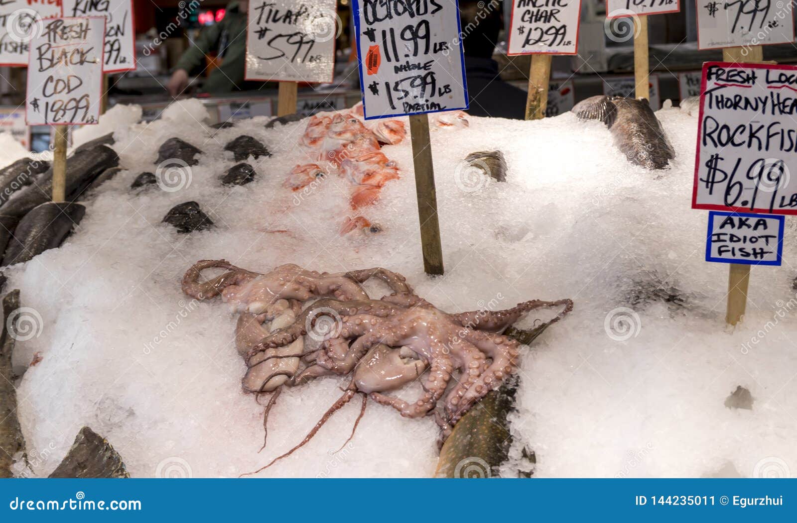 Fresh Seafood on Ice on Display at a Fish Market Stock Image - Image of ...