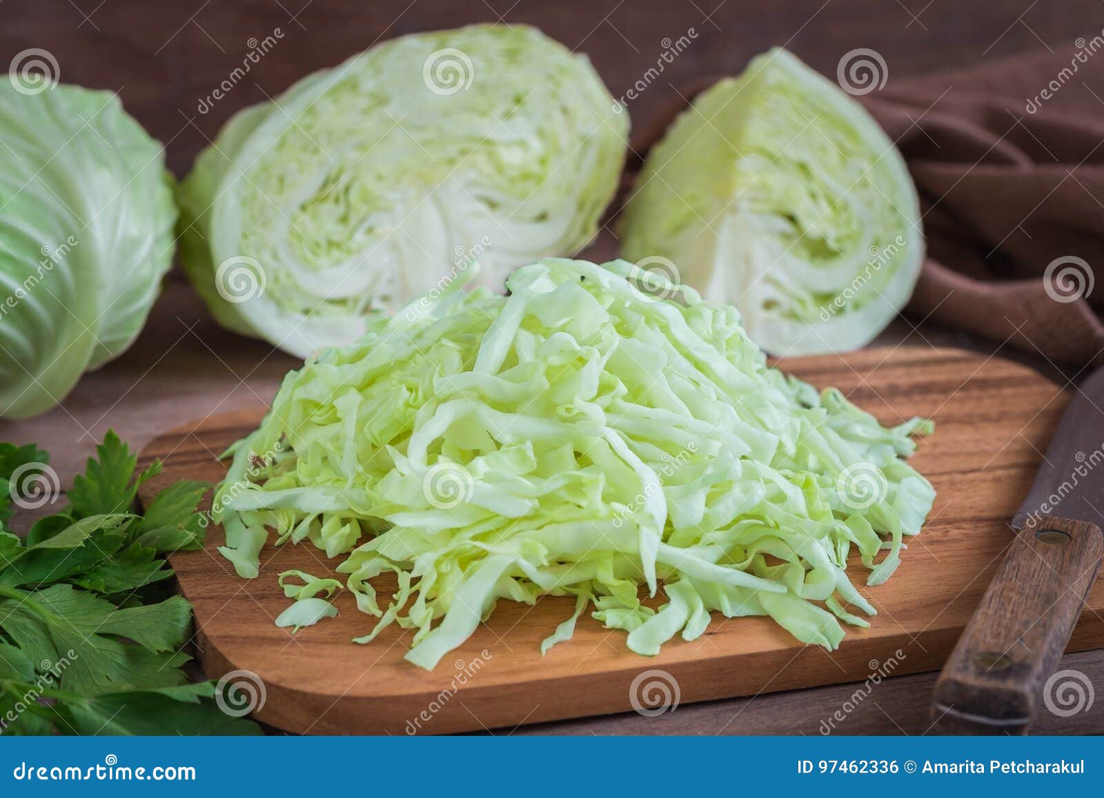 Fresh Shredded Cabbage on Wooden Cutting Board Stock Photo - Image of ...