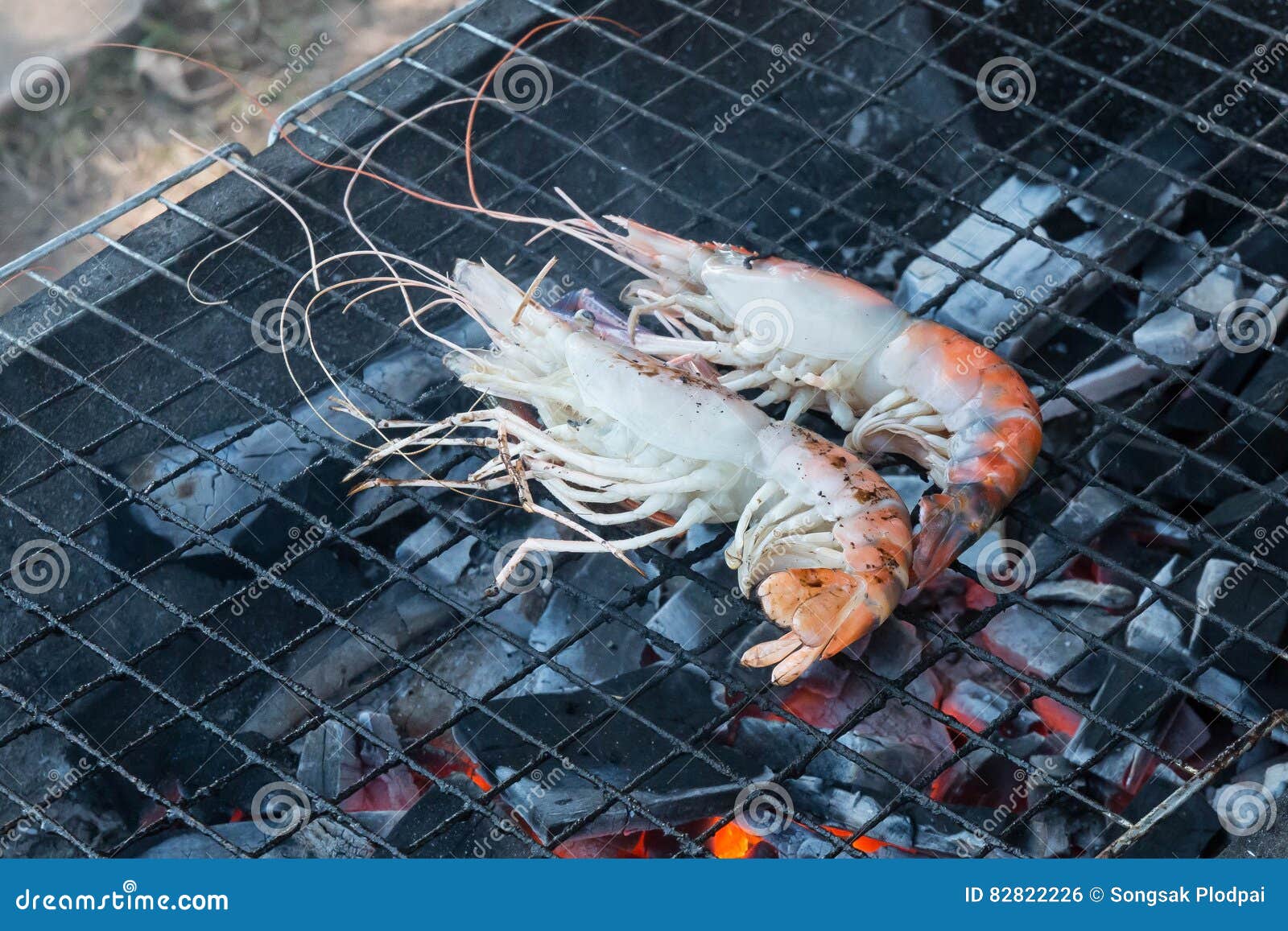 Fresh Shrimp Grilled on Flaming Grill. Stock Photo - Image of fiery ...