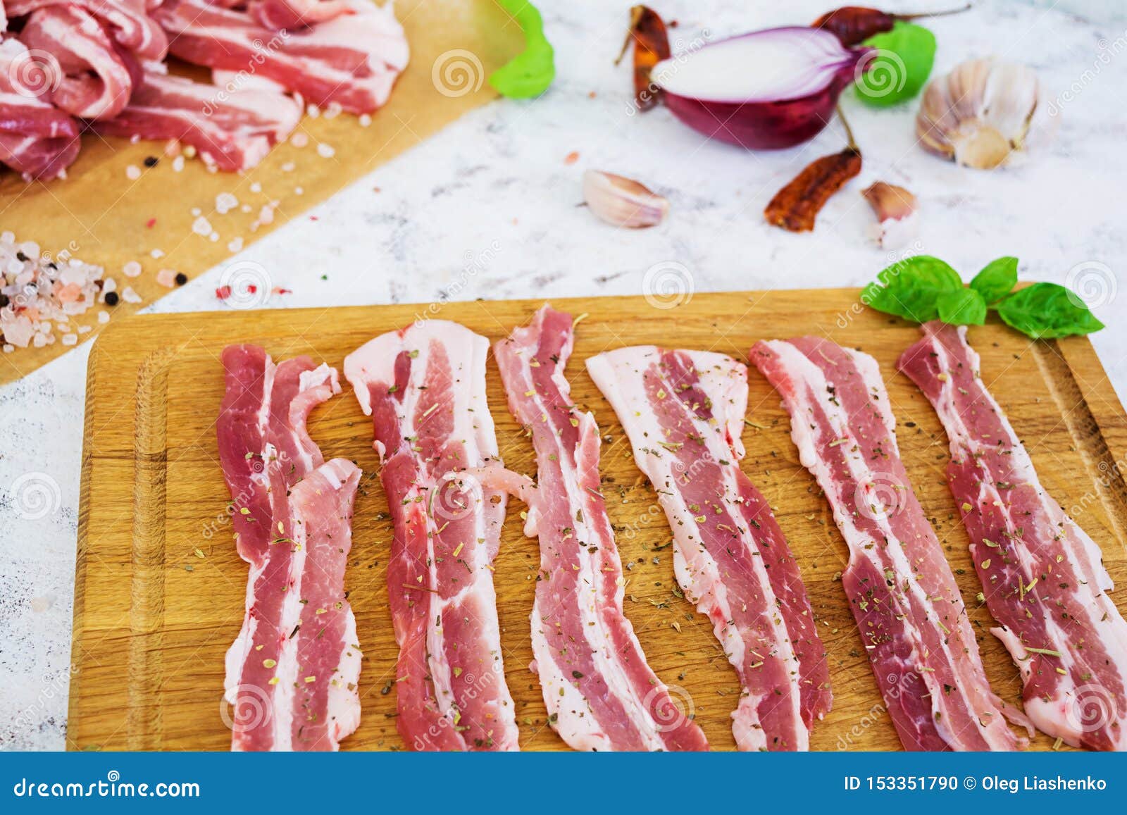 Fresh Sliced Bacon with Spices on White Background Stock Photo - Image ...