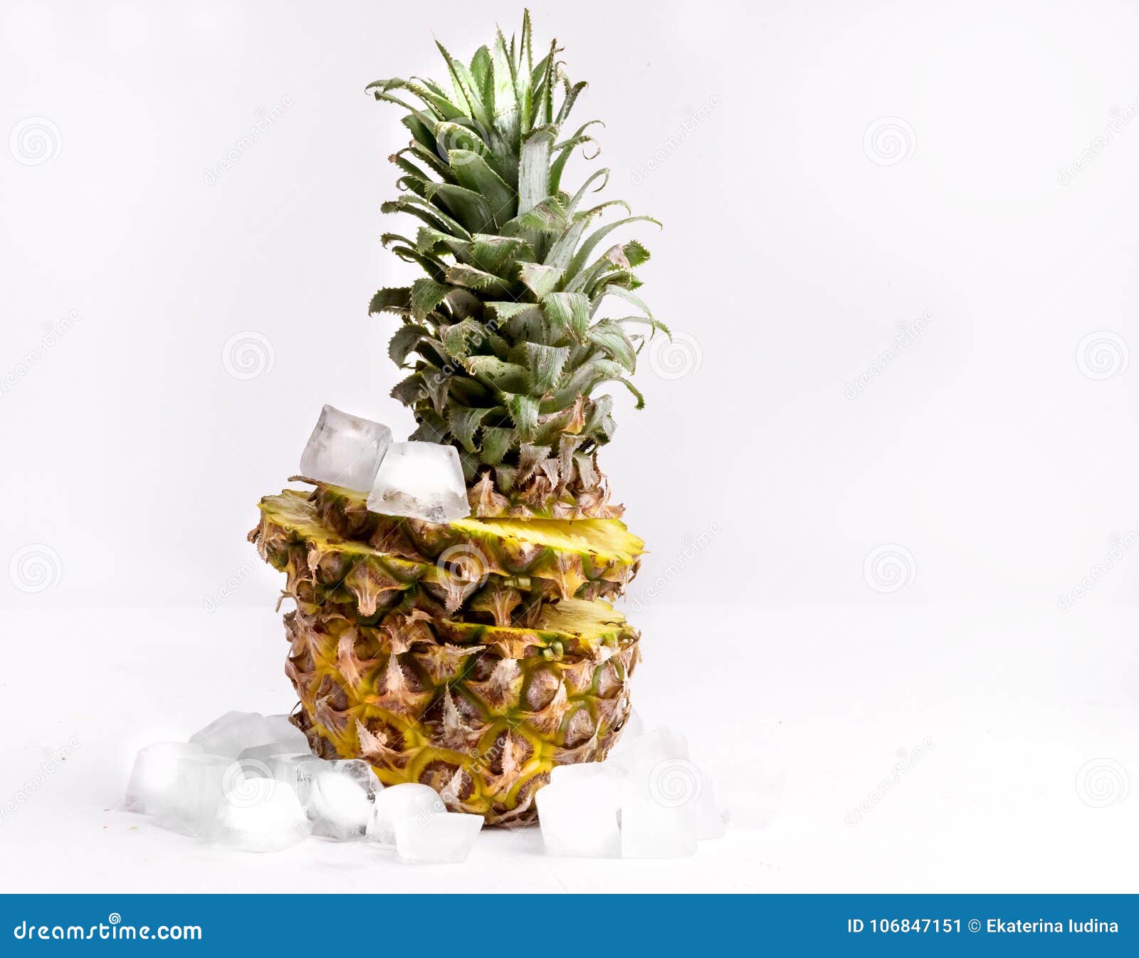 Fresh Sliced Pineapple with Ice Cube on White Background Copy Space ...