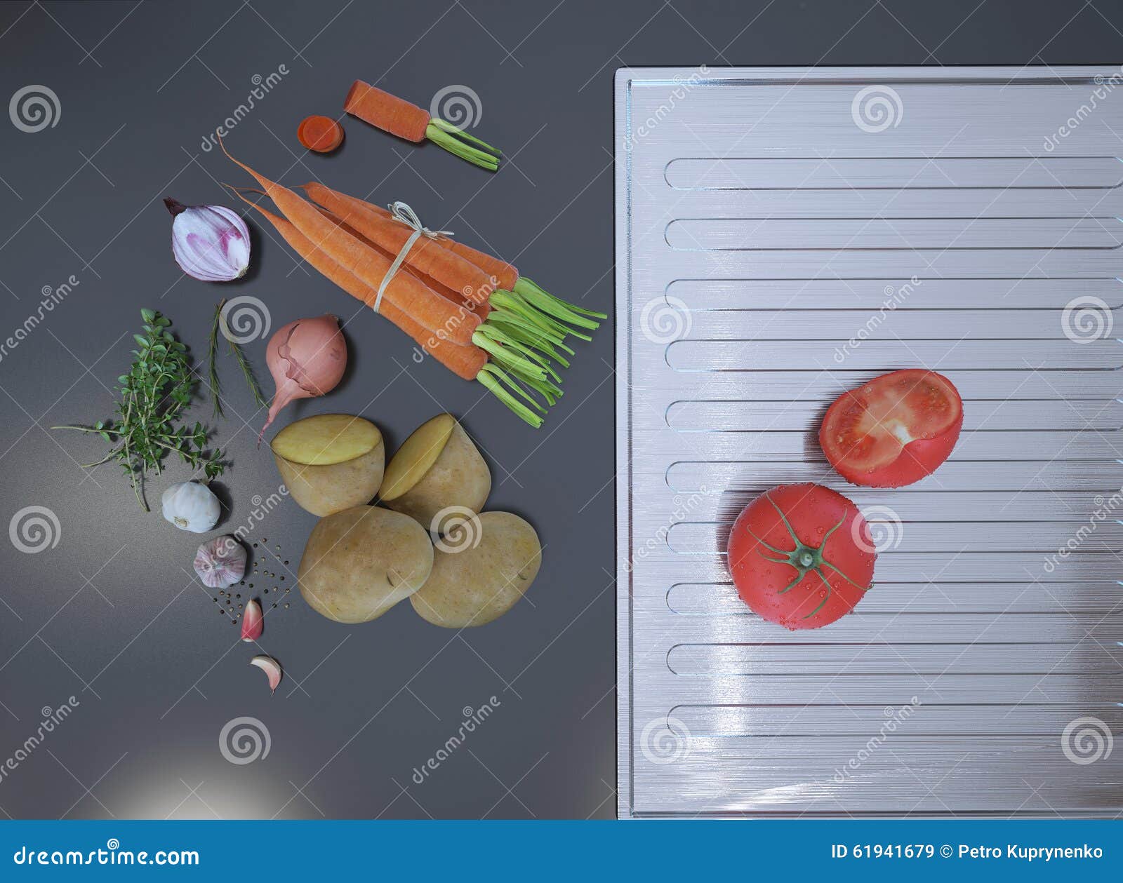 Fresh Sliced Vegetables Lying on a Gray Table Top Stock Illustration ...