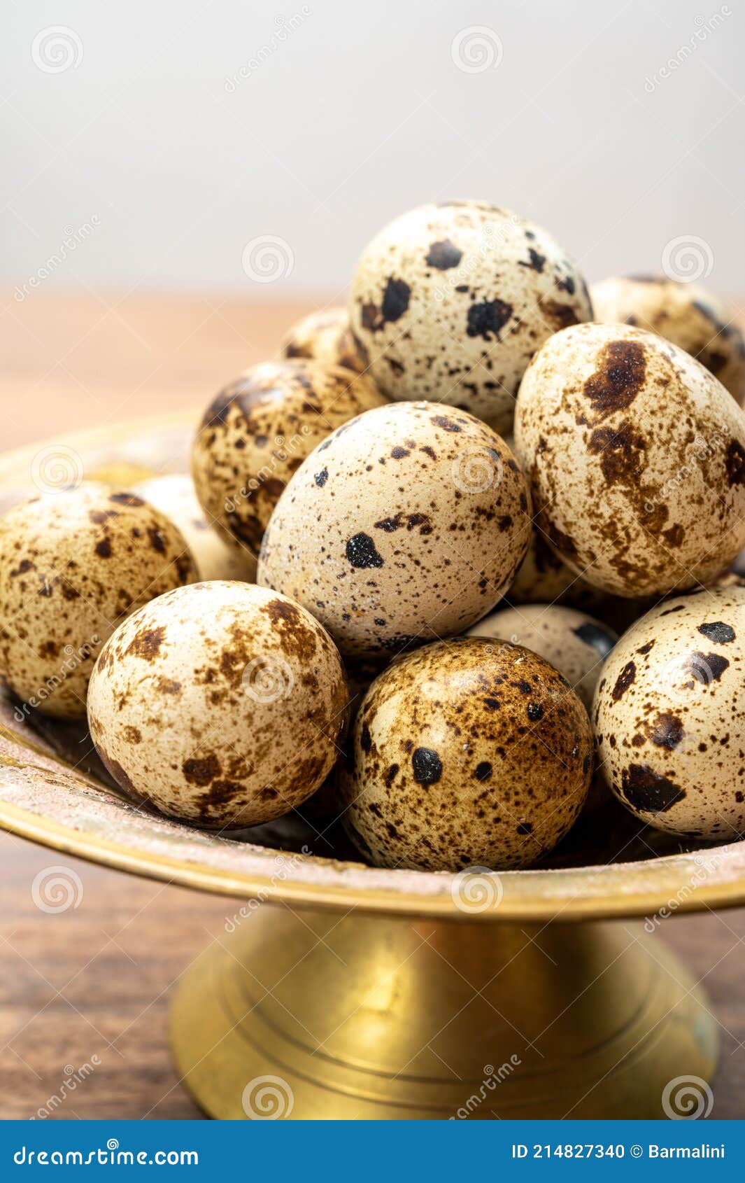 Fresh Small Spotted Partridge Eggs on Bronze Plate Stock Photo - Image ...