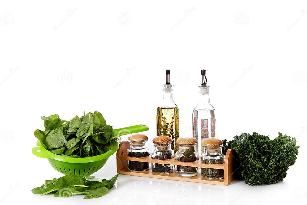 Fresh Spinach and Herbs, Vinegar and Oil Stock Image - Image of spinach ...