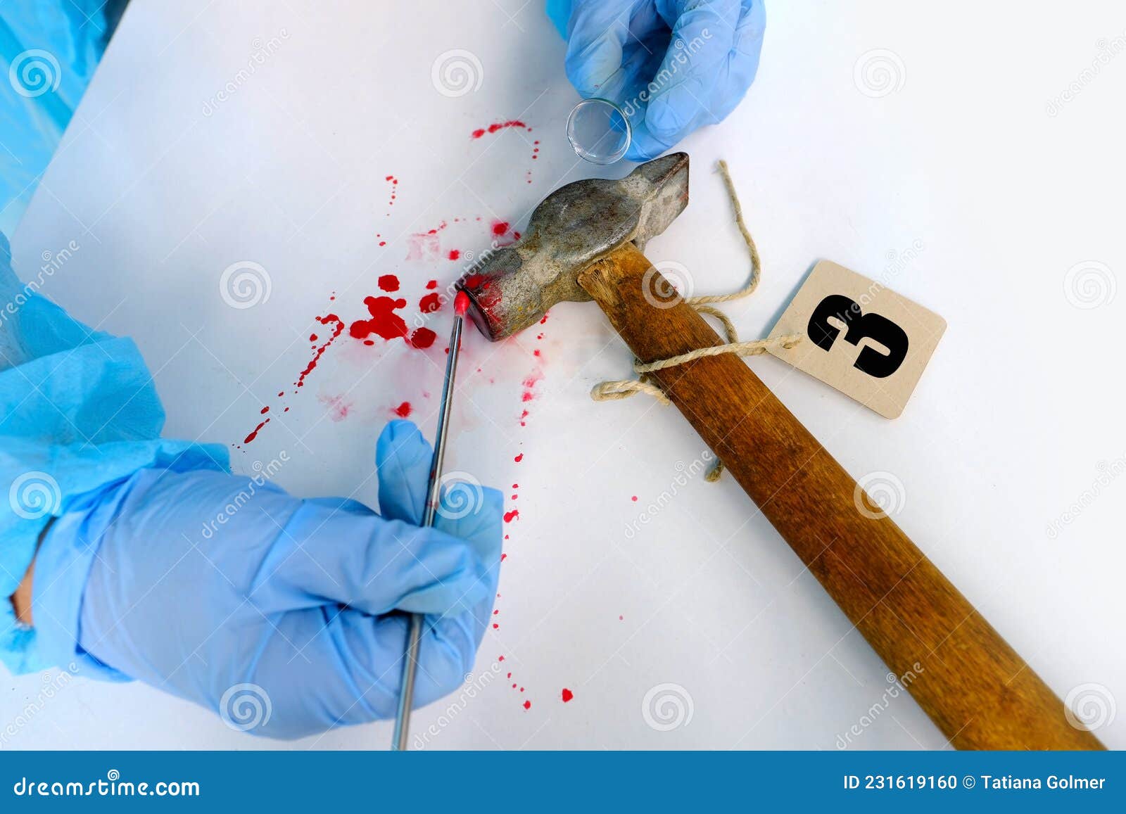 Fresh Splatter of Red Blood on White Table, Hammer at Crime Scene ...