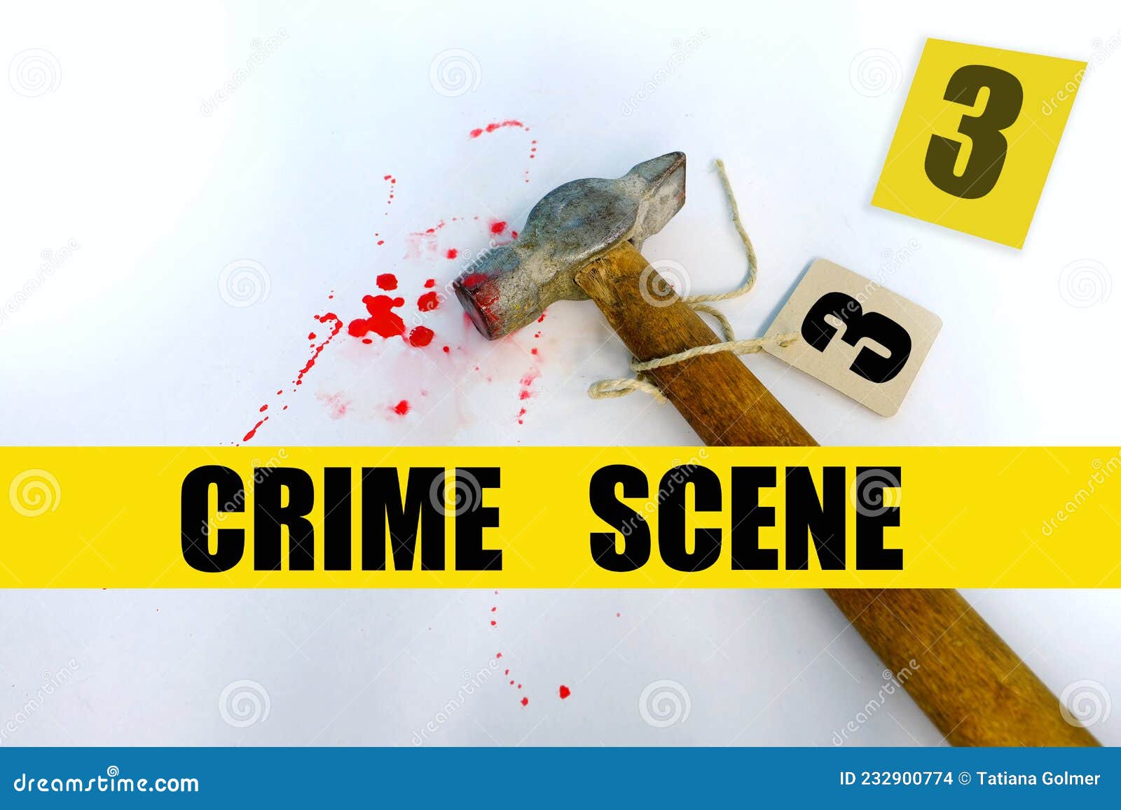 Fresh Splatter of Red Blood on White Table, Hammer at Crime Scene ...