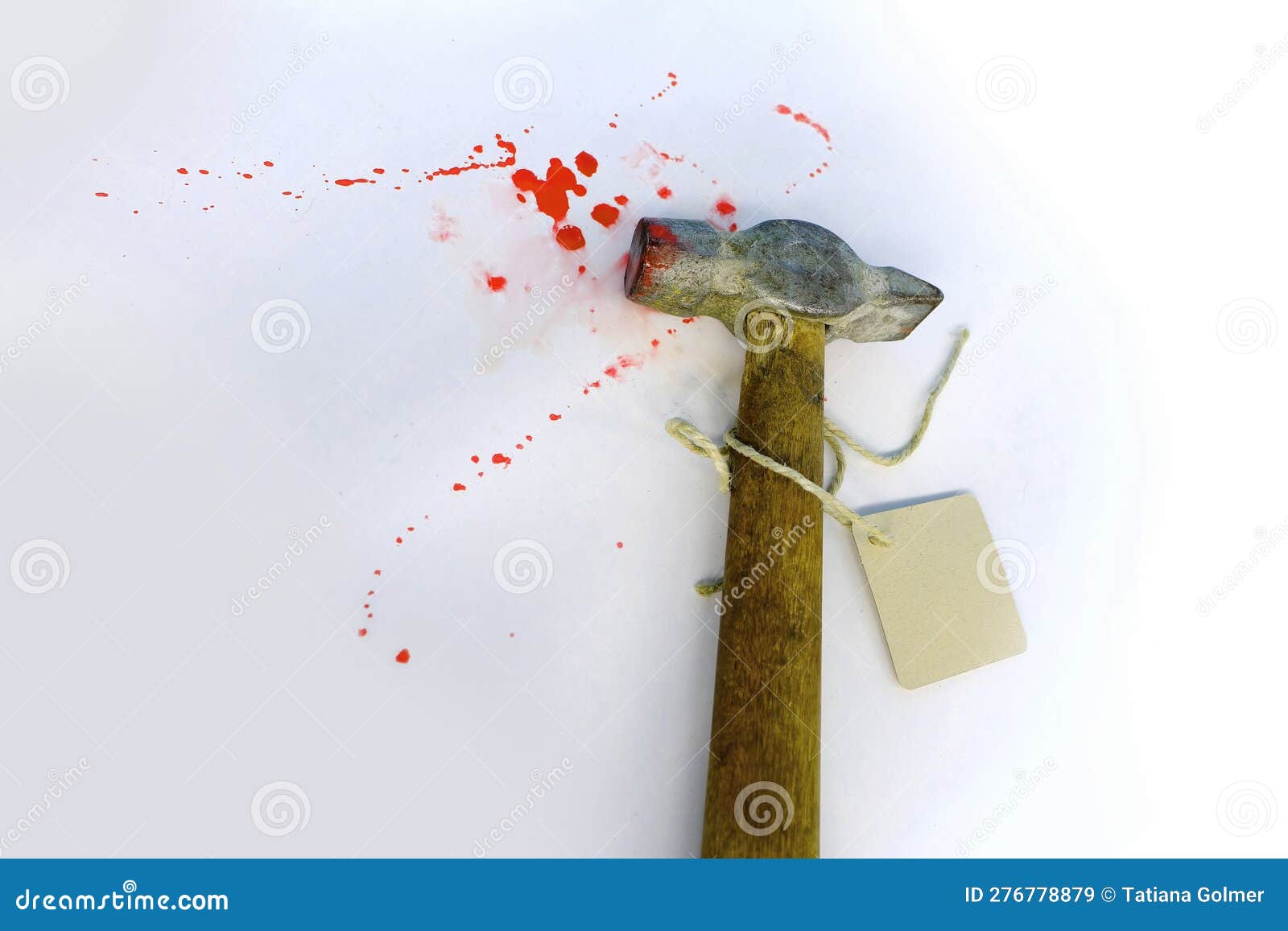 Fresh Splatter of Red Blood on White Table, Hammer at Crime Scene ...