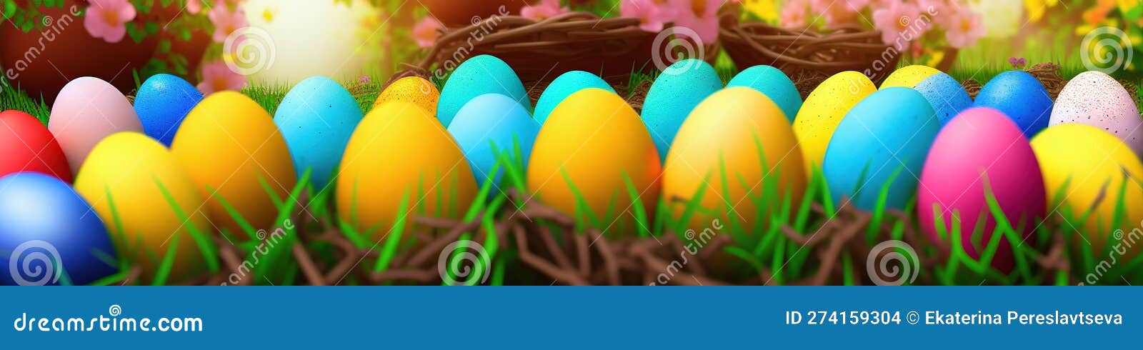Fresh Spring Background with Easter Eggs Banner Green Juicy Meadow ...