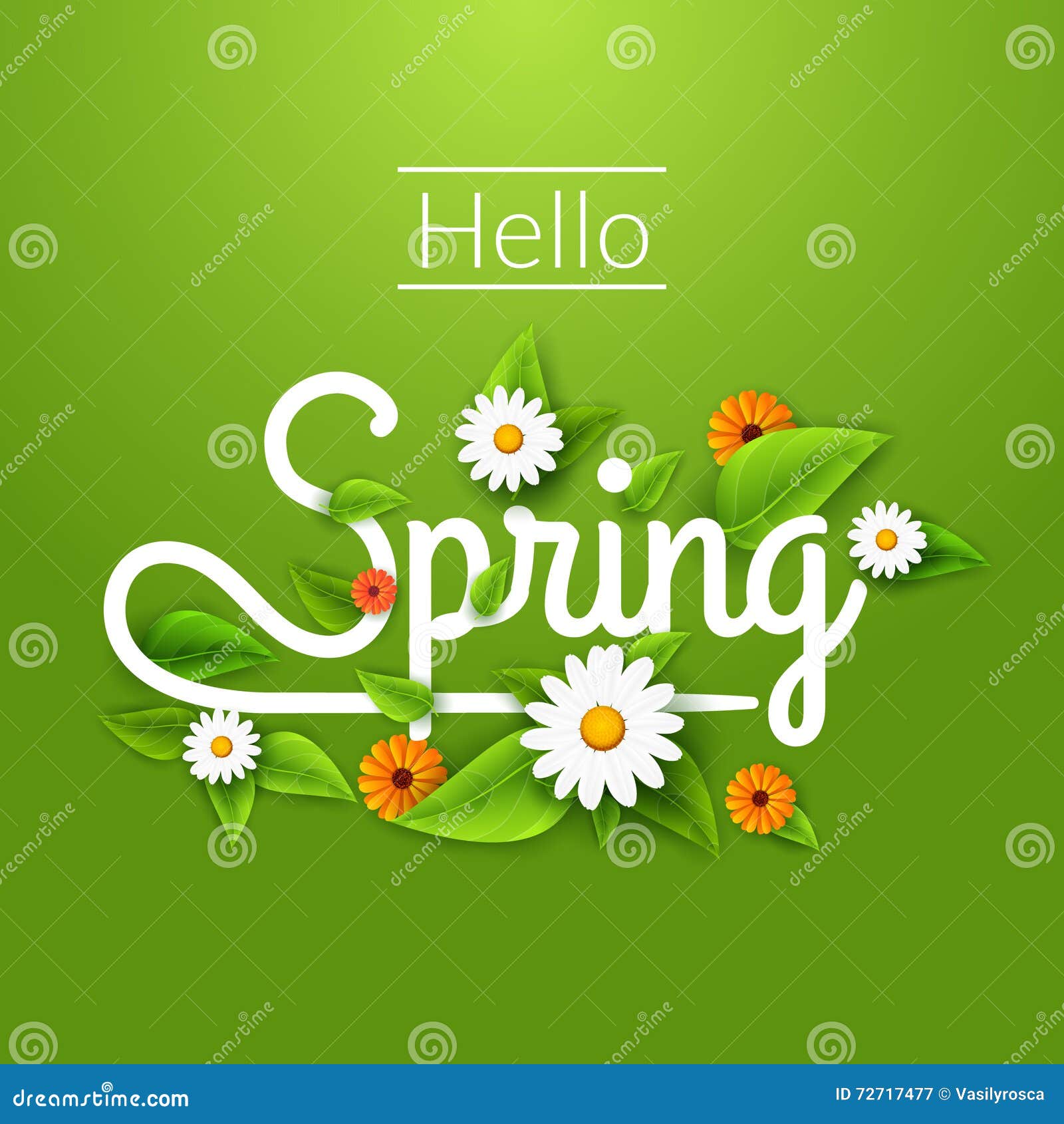 Fresh Spring Background Poster with Leafs, Chamomile and Flowers. Hello ...