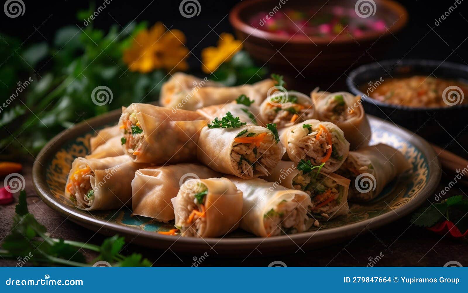 Fresh Spring Rolls, Steamed Dumplings, and Savory Sauces on Plates ...