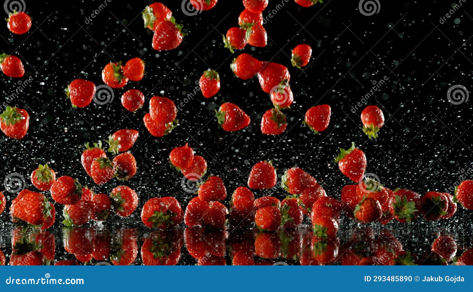 Fresh Strawberries Falling Down on Black Background Stock Photo - Image ...
