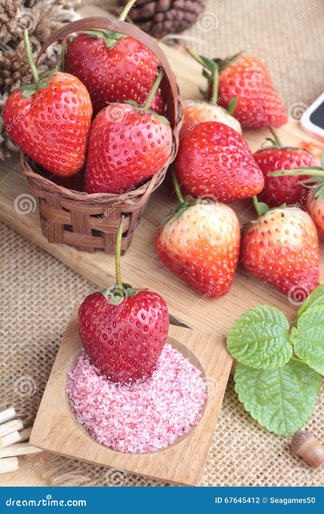 Fresh Strawberries Red at Delicious and Plum Powder. Stock Photo ...