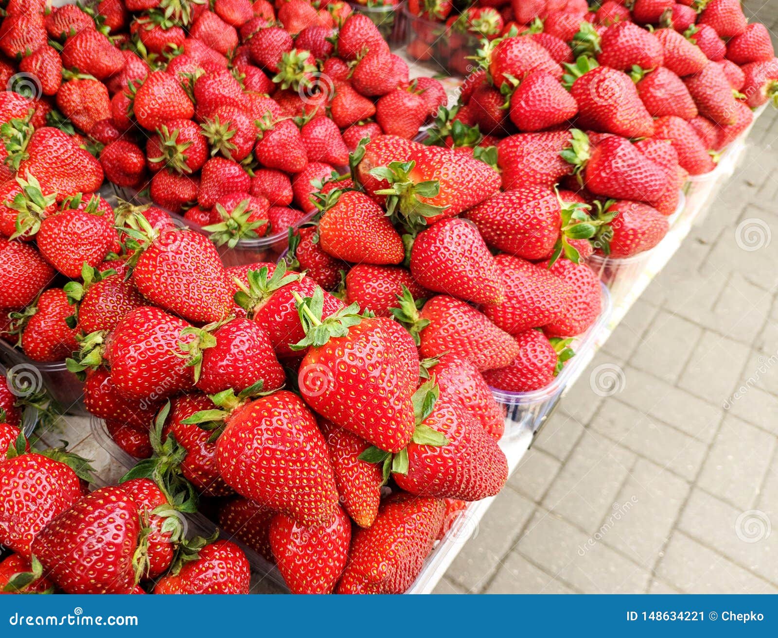 Fresh Strawberry in Boxes on the Counter Market Stock Image - Image of ...