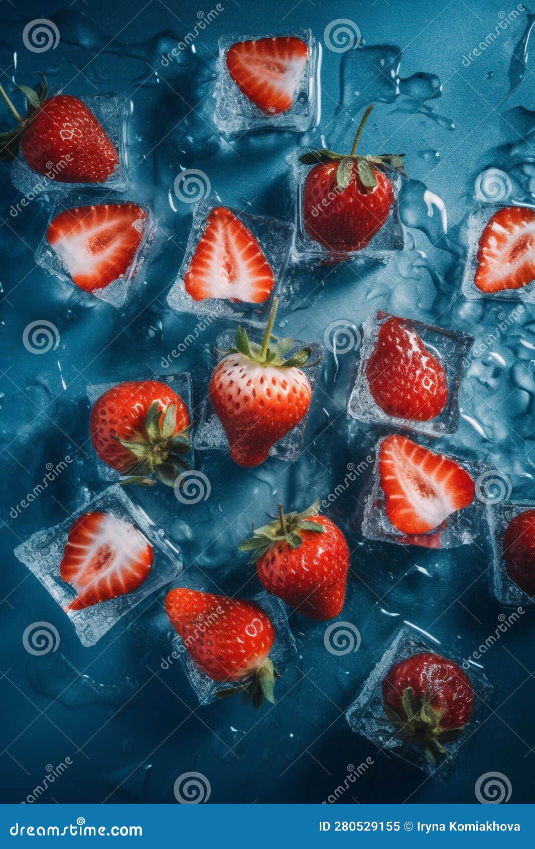 Fresh Strawberry and Ice Cubes on Blue Background Generated by Ai Stock ...