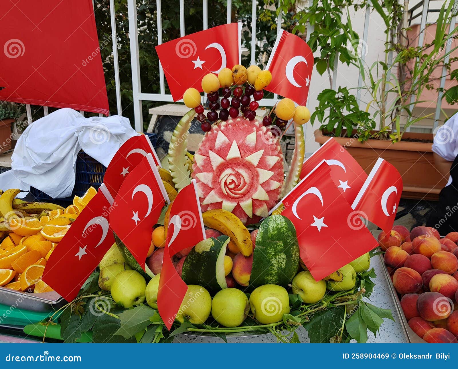 Fresh Summer Fruits in a Watermelon Basket Decorated with Turkish Flags ...