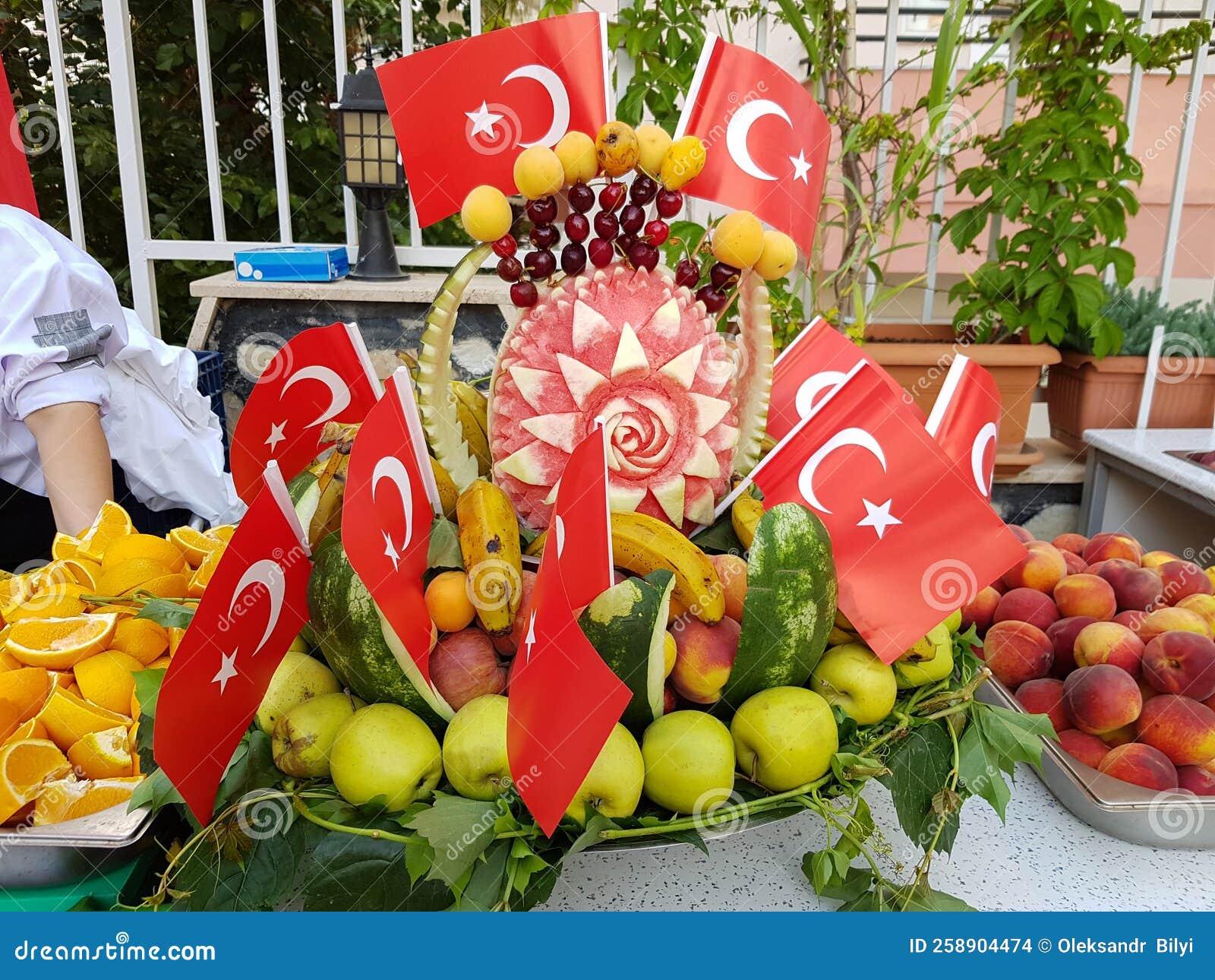 Fresh Summer Fruits in a Watermelon Basket Decorated with Turkish Flags ...