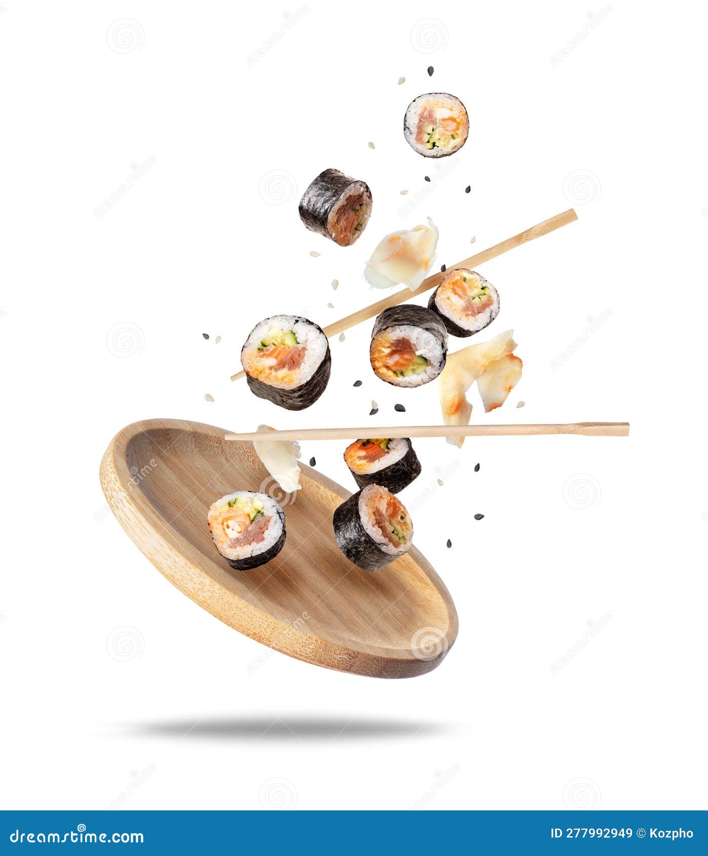 Fresh Sushi Rolls with Ginger Falling on a Wooden Plate Stock Image ...