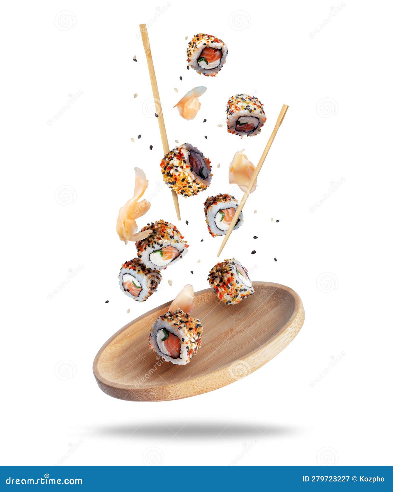 Fresh Sushi Rolls with Ginger Falling on a Wooden Plate Isolated on a ...