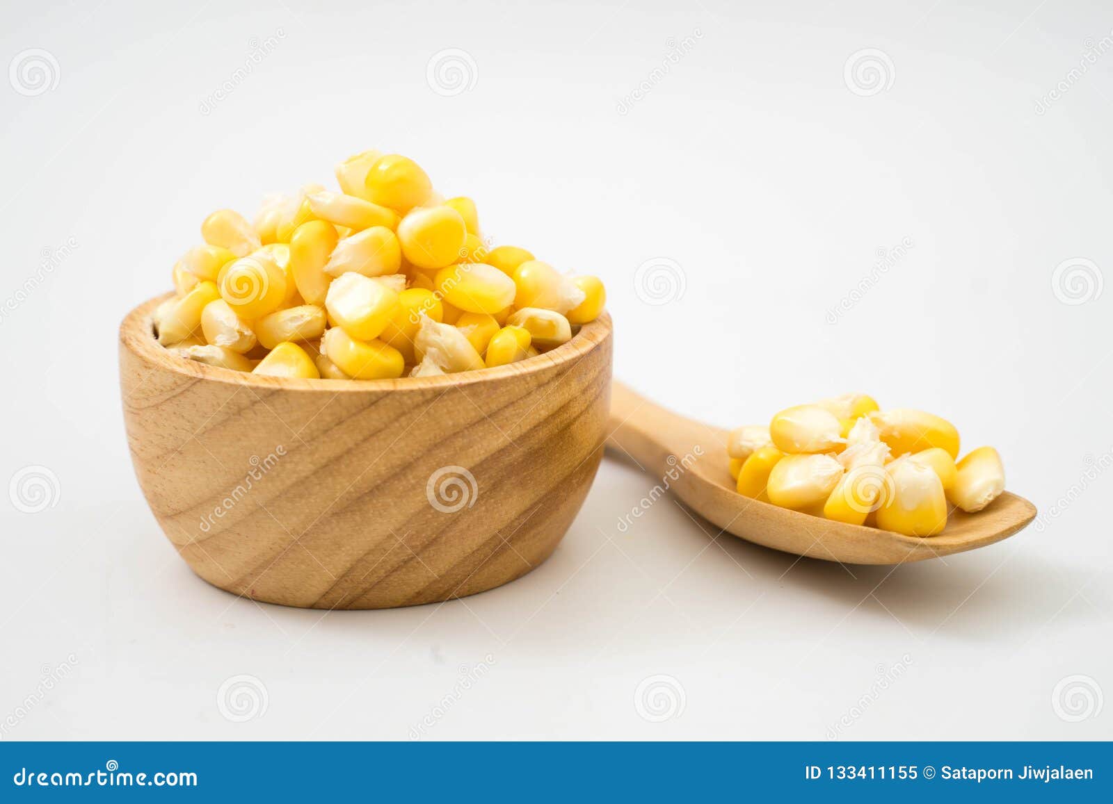 Fresh Sweet Corn in Wood Bowl and Spoon Isolated Stock Image - Image of ...