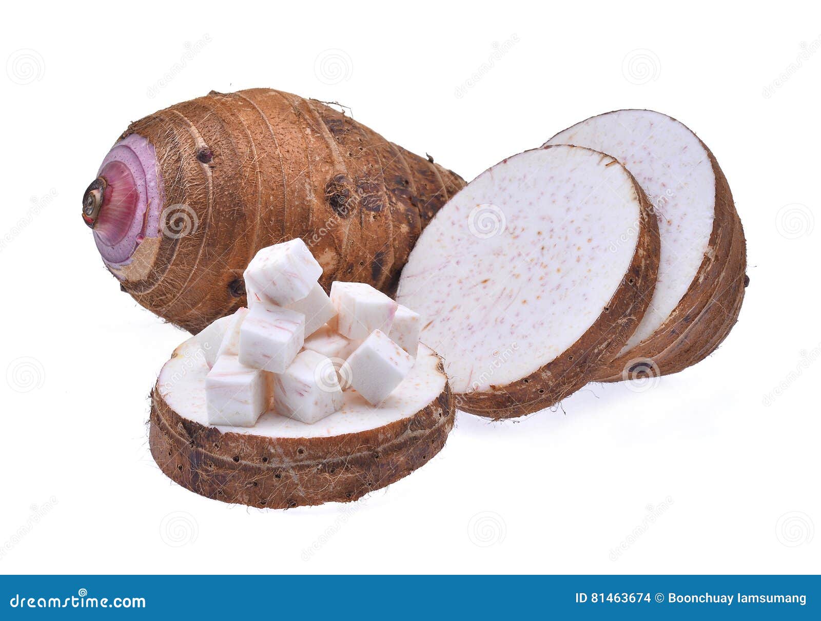 Fresh Taro with Cubes and Slice Isolated on White Background Stock ...