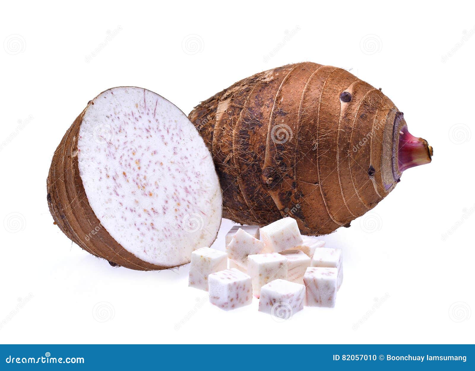 Fresh Taro with Cubes and Slice Isolated on White Background Stock ...
