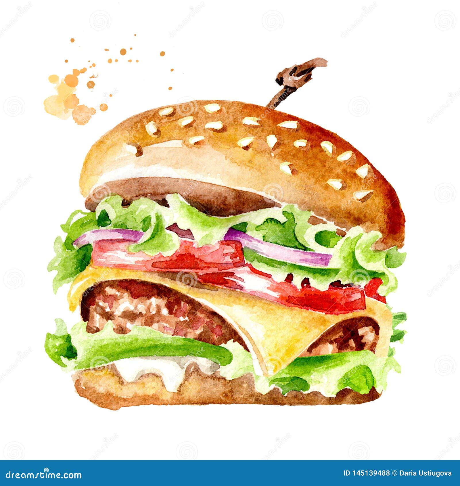 Fresh Tasty Burger Watercolor Hand Drawn Illustration Isolated On