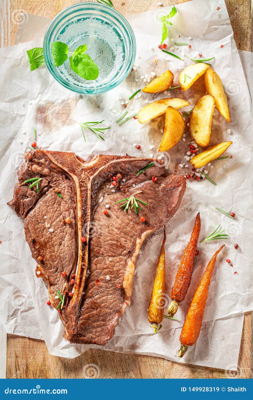 Fresh Tbone Steak Served with Water Stock Image - Image of table ...