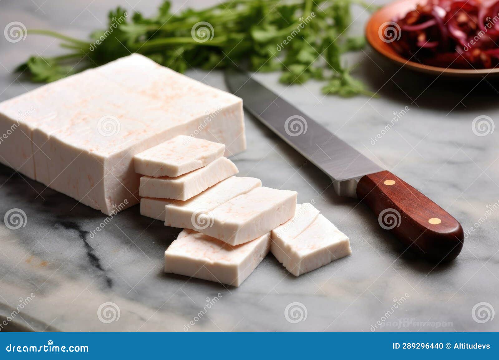 Fresh Tofu Being Sliced with a Sharp Knife on Marble Surface Stock ...