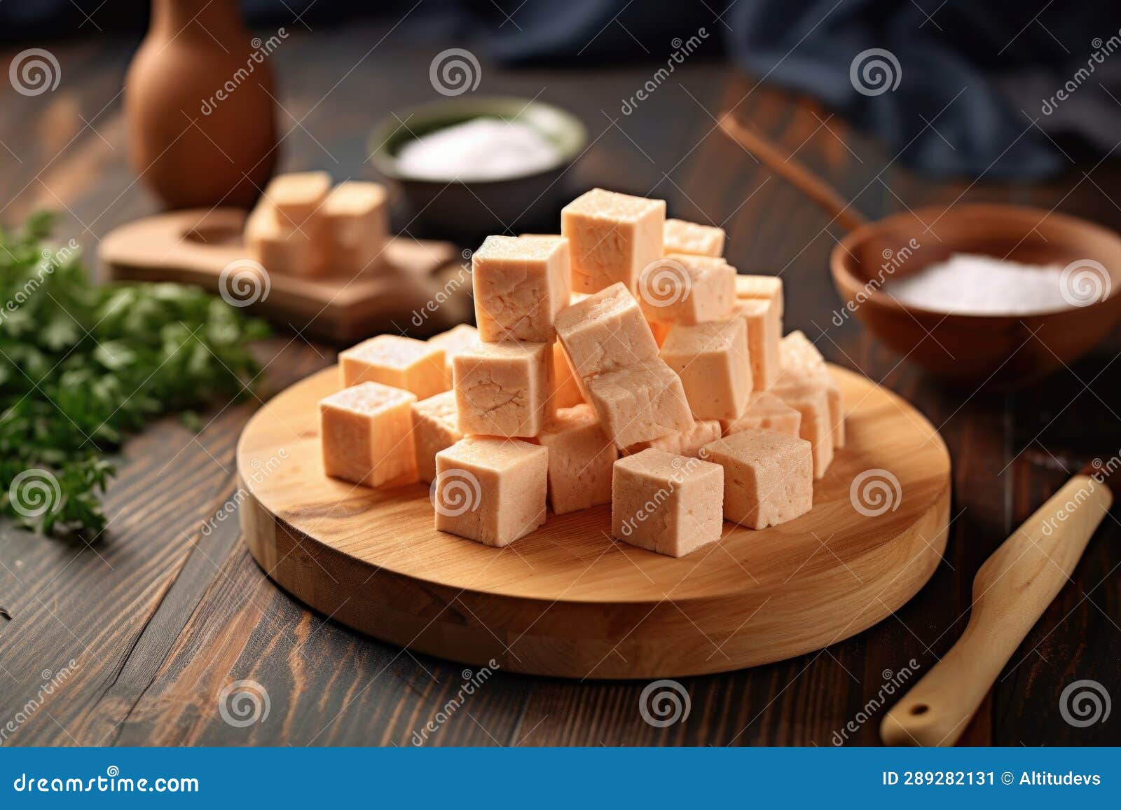 Fresh Tofu Cubes on Wooden Board, Kitchen Background Stock Image ...