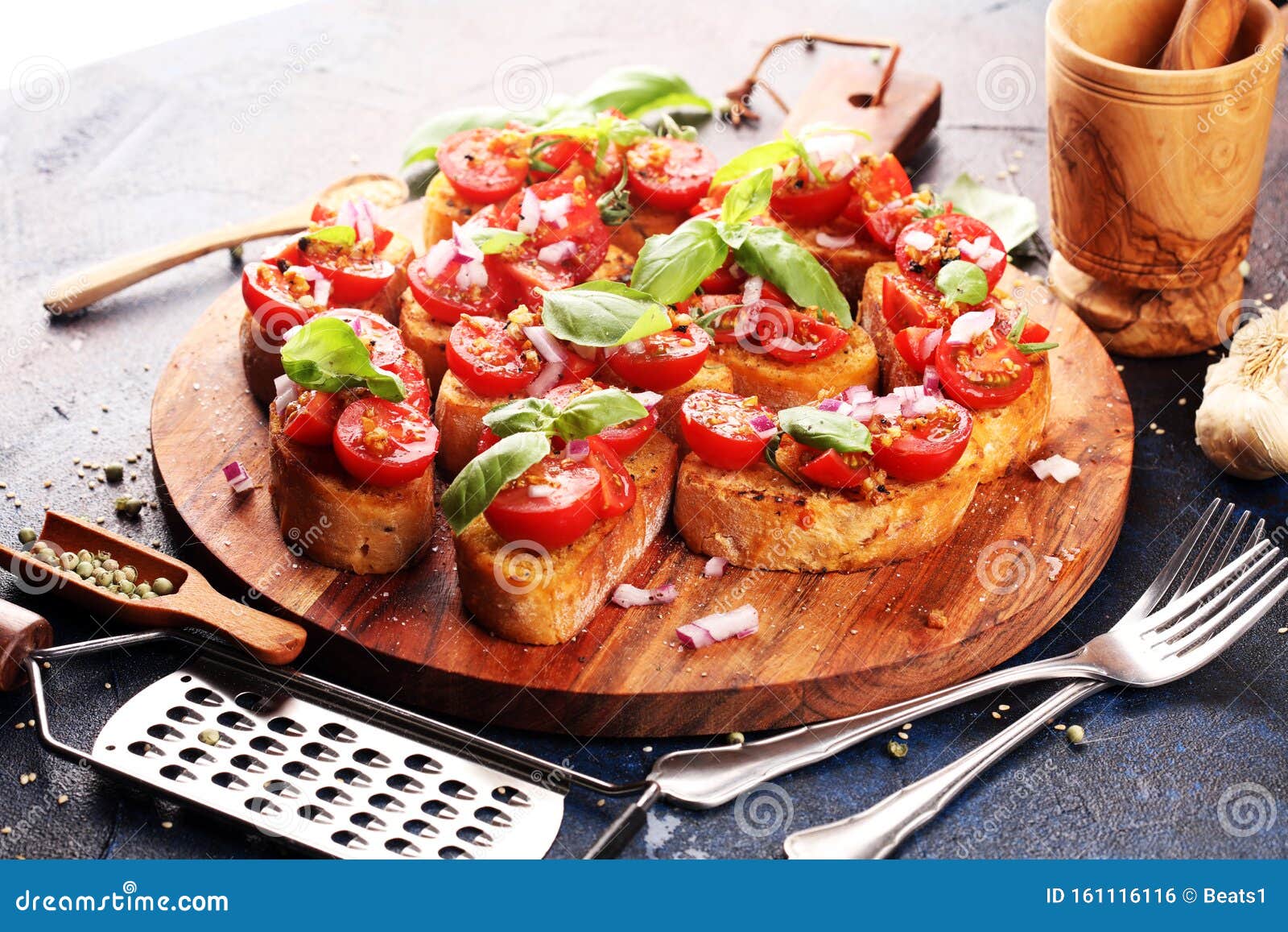 Fresh Tomato Bruschetta. Italian Food Appetizer with Basil on Table ...