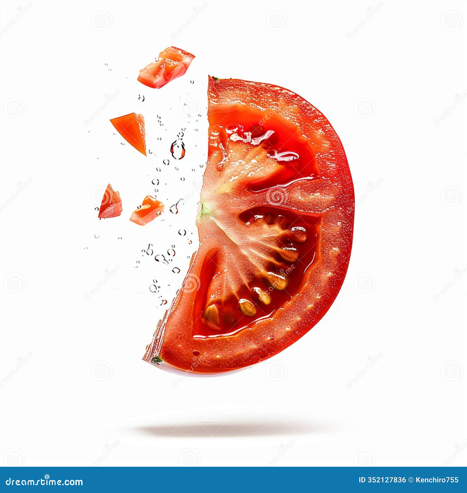 Fresh Tomato Slice Floating in Air with Splashes of Water, Creating ...