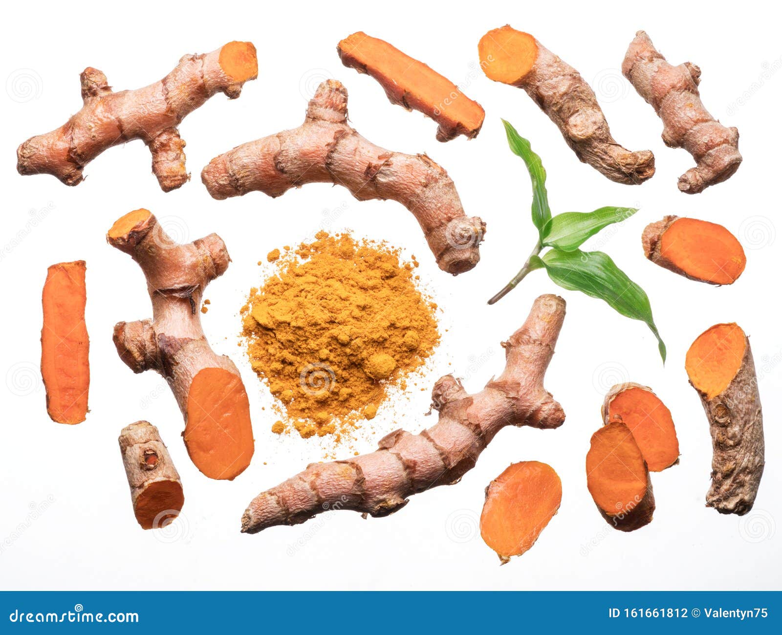 Fresh Turmeric Rhizome Cuts And Turmeric Powder Isolated On White ...