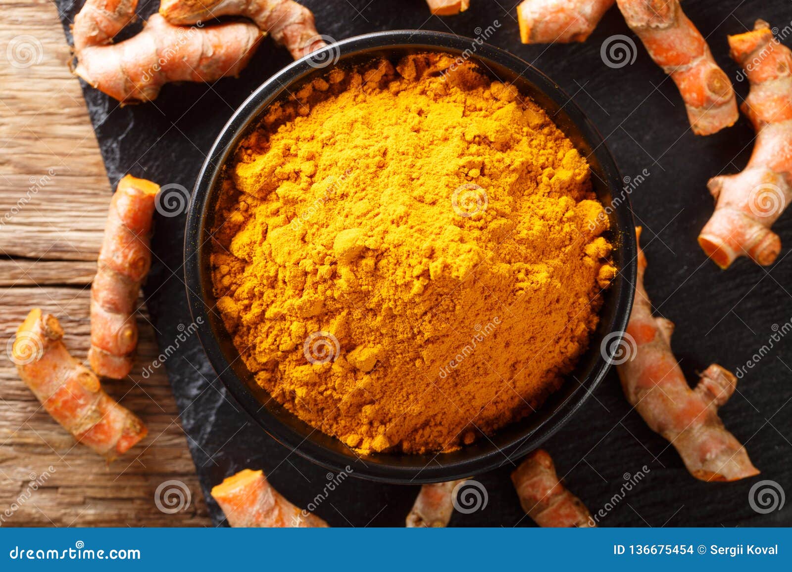 Fresh Turmeric Spice in a Bowl and Root Close-up. Horizontal Top View ...