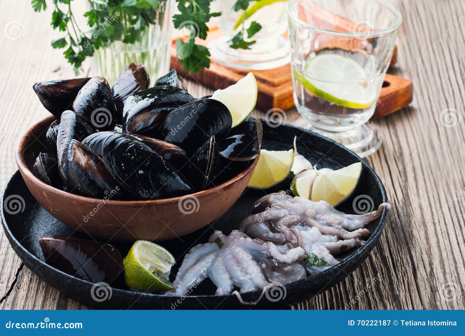 Fresh Uncooked Mussels in the Shell and Baby Octopuses Stock Image ...
