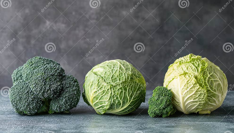 Fresh Varieties of Cabbage and Broccoli Arranged on a Textured Surface ...
