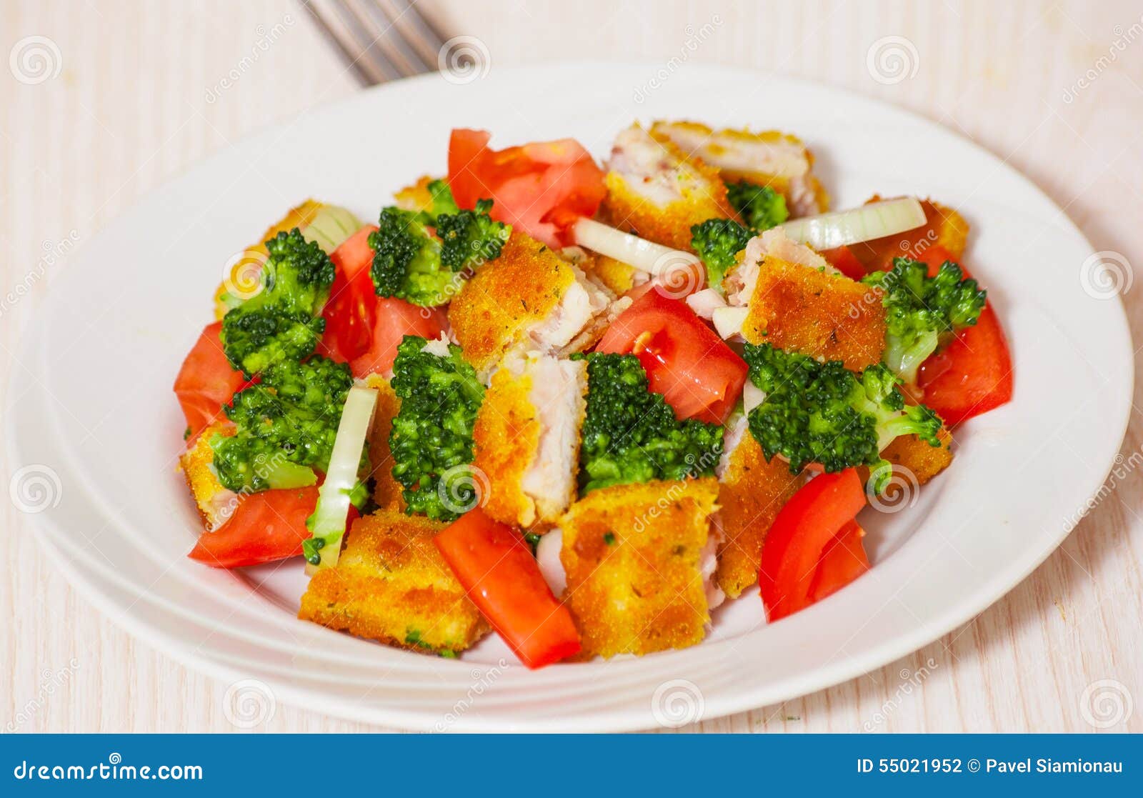 Fresh Vegetable Salad with Fried Breaded Fish Fillets Stock Photo ...