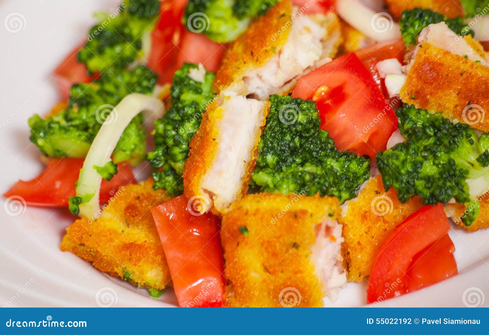 Fresh Vegetable Salad with Fried Breaded Fish Fillets Stock Photo ...
